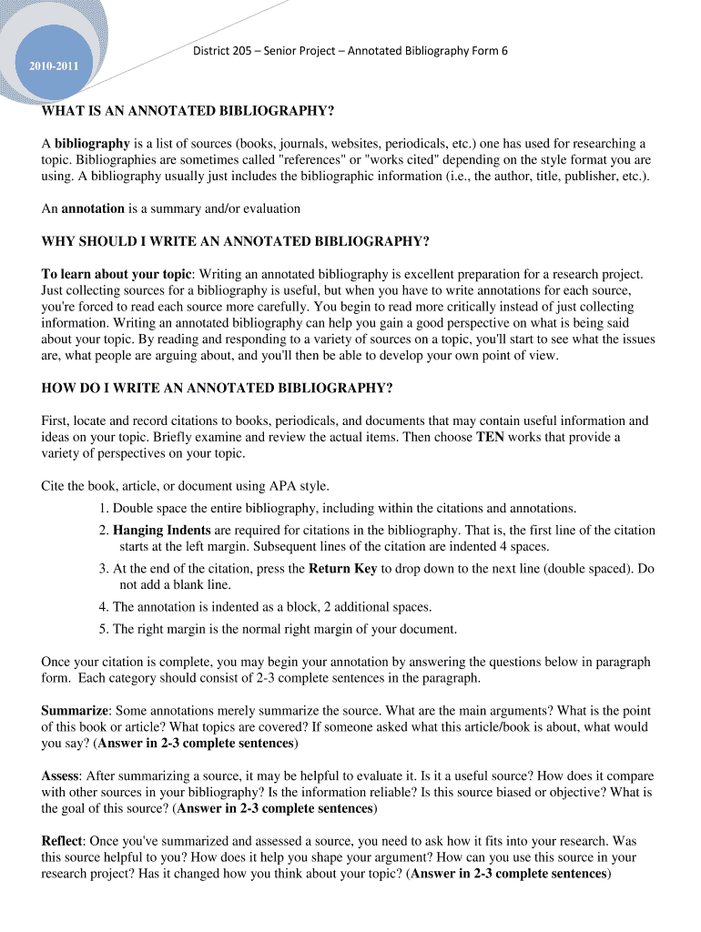 Fillable Online District 205 Senior Project Annotated Bibliography Form 6 Fax Email Print ...