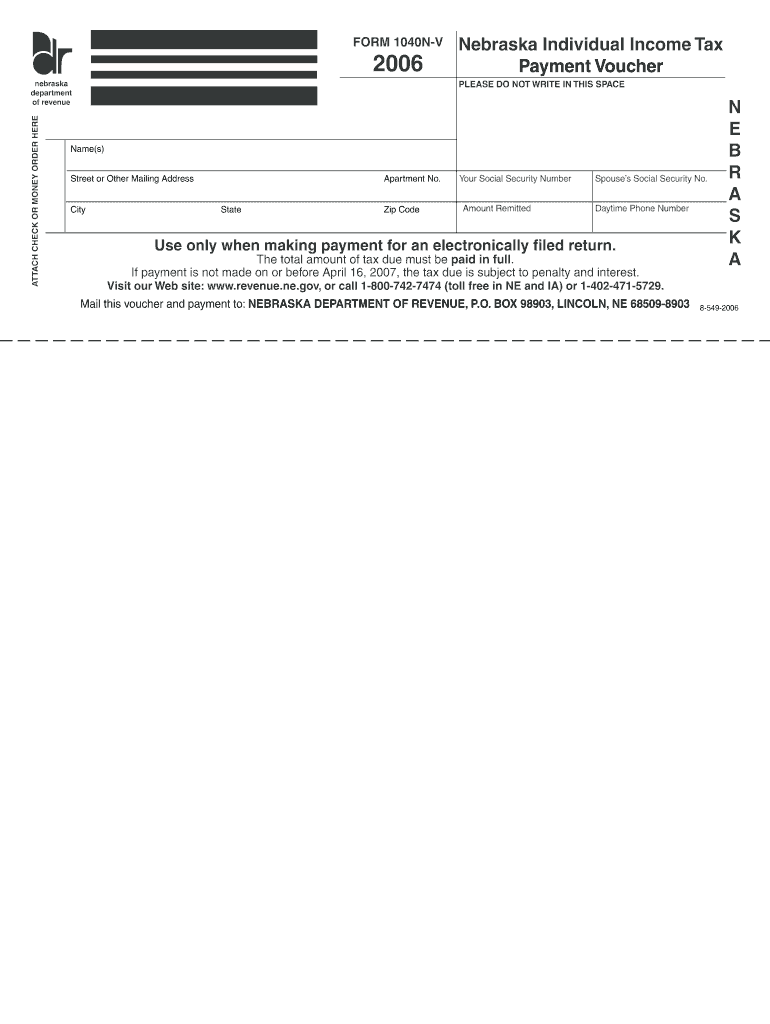 Fillable Online revenue nol Form 1040N-V, 2006 Nebraska Individual ...
