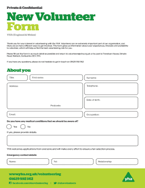 Fillable Online yha org New Volunteer Fax Email Print - pdfFiller