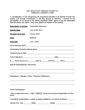 Fillable Online troop574 PARENTAL CONSENT FORM - Boy Scout Troop 574 ...