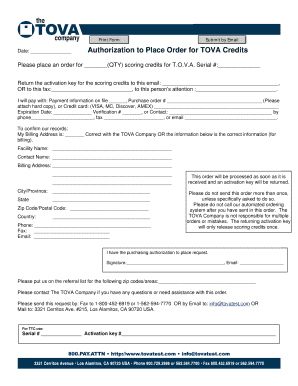 Fillable Online Authorization to Place Order for TOVA Credits Fax Email Print - pdfFiller