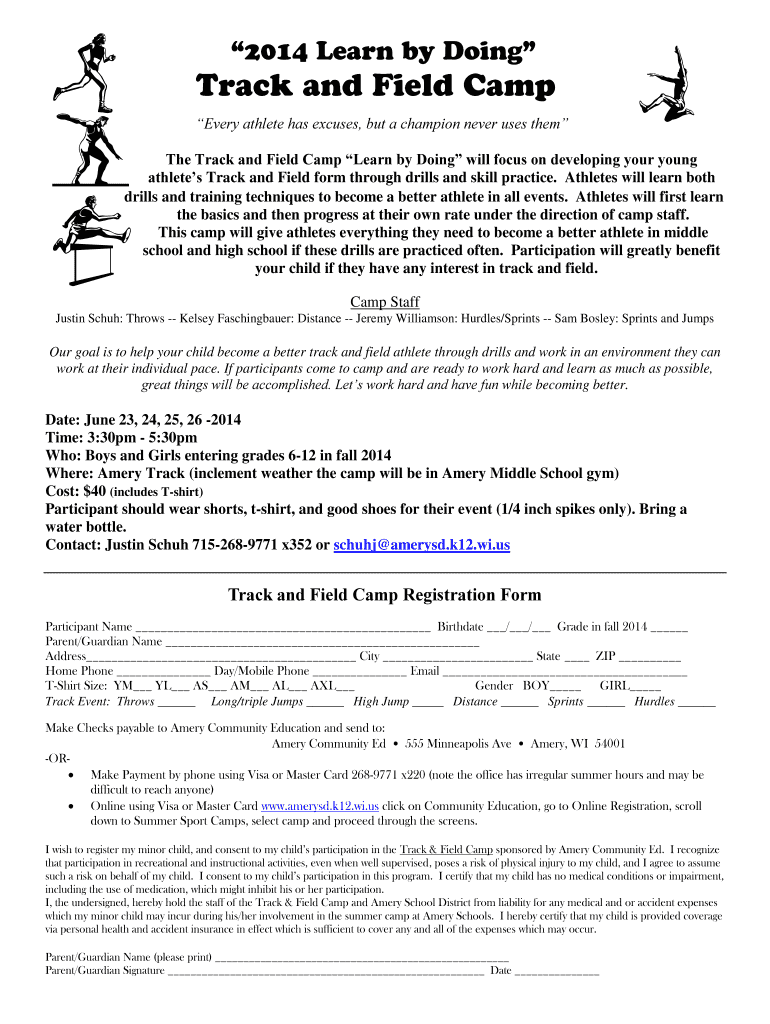 Fillable Online amerysd k12 wi Track and Field Camp Registration Form ...