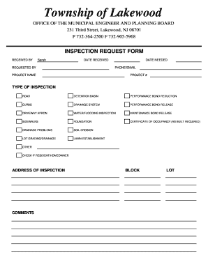 Fillable Online INSPECTION REQUEST FORM-2011 - Township of Lakewood Fax ...
