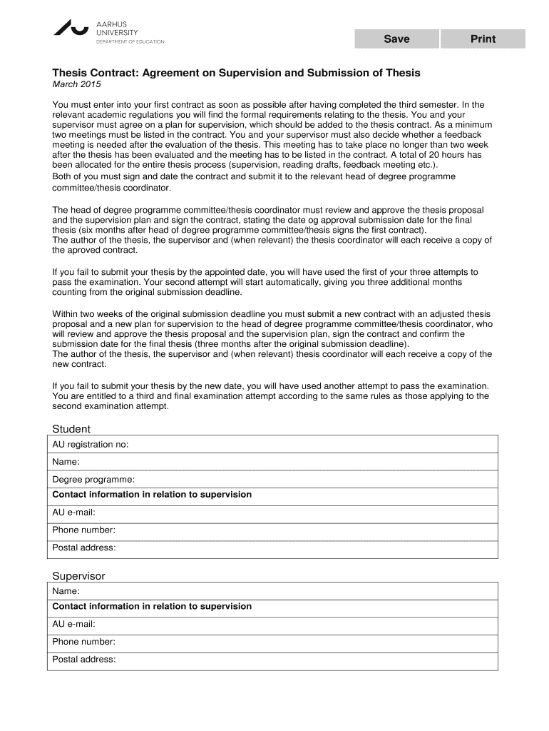 Fillable Online Thesis Contract: Agreement on Supervision and ... - For Studerende Fax Email ...