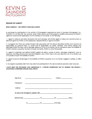 Fillable Online RELEASE OF LIABILITY - Kevin G Saunders Photography Fax ...