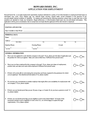 Fillable Online Employment Application Form - Howard Immel, Inc. Fax ...