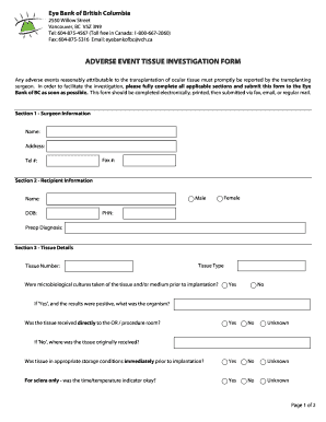 Fillable Online eyebankofbc ADVERSE EVENT TISSUE INVESTIGATION FORM ...