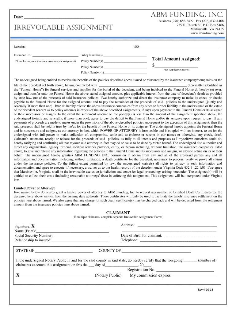 Fillable Online IRREVOCABLE ASSIGNMENT Martinsville, VA 24115 Fax Email ...