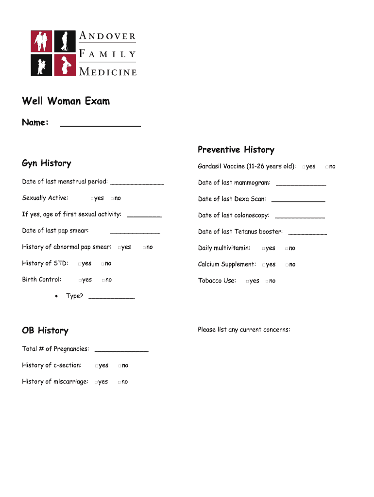 Fillable Online Well Woman Exam - Andover Family Medicine Fax Email ...