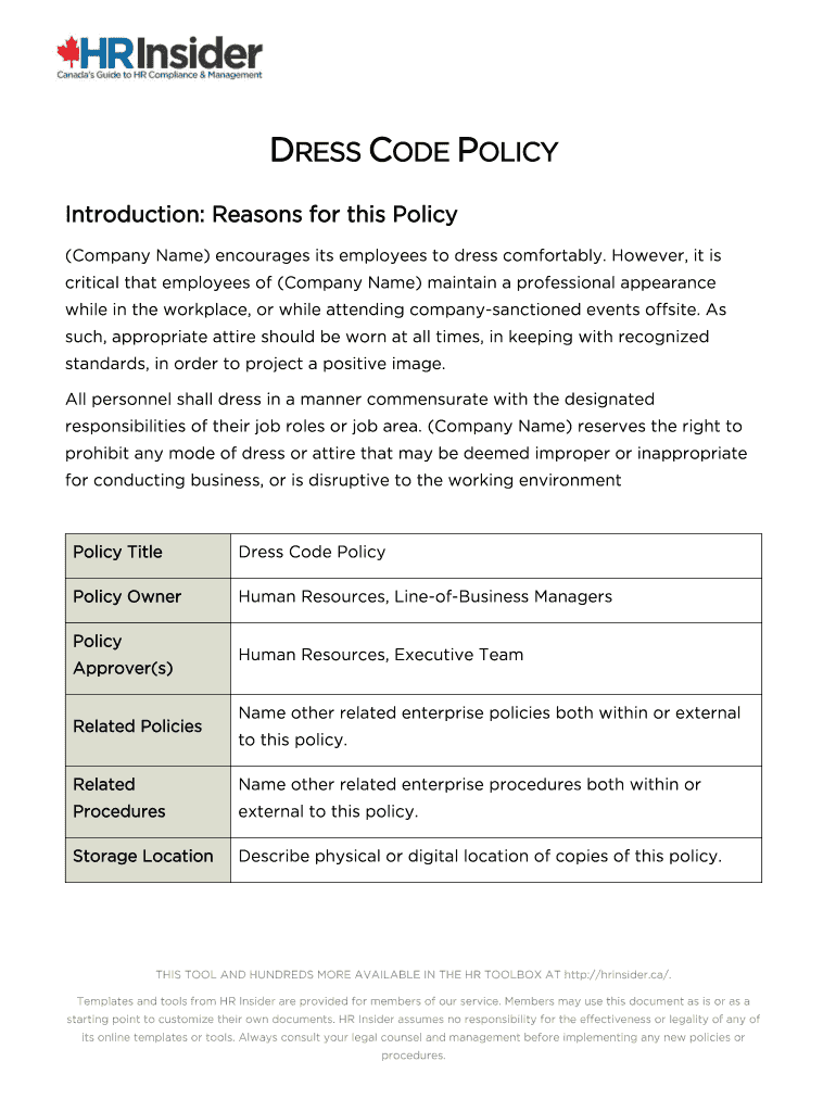 Fillable Online DRESS CODE POLICY - HRInsiderca Fax Email Print - pdfFiller