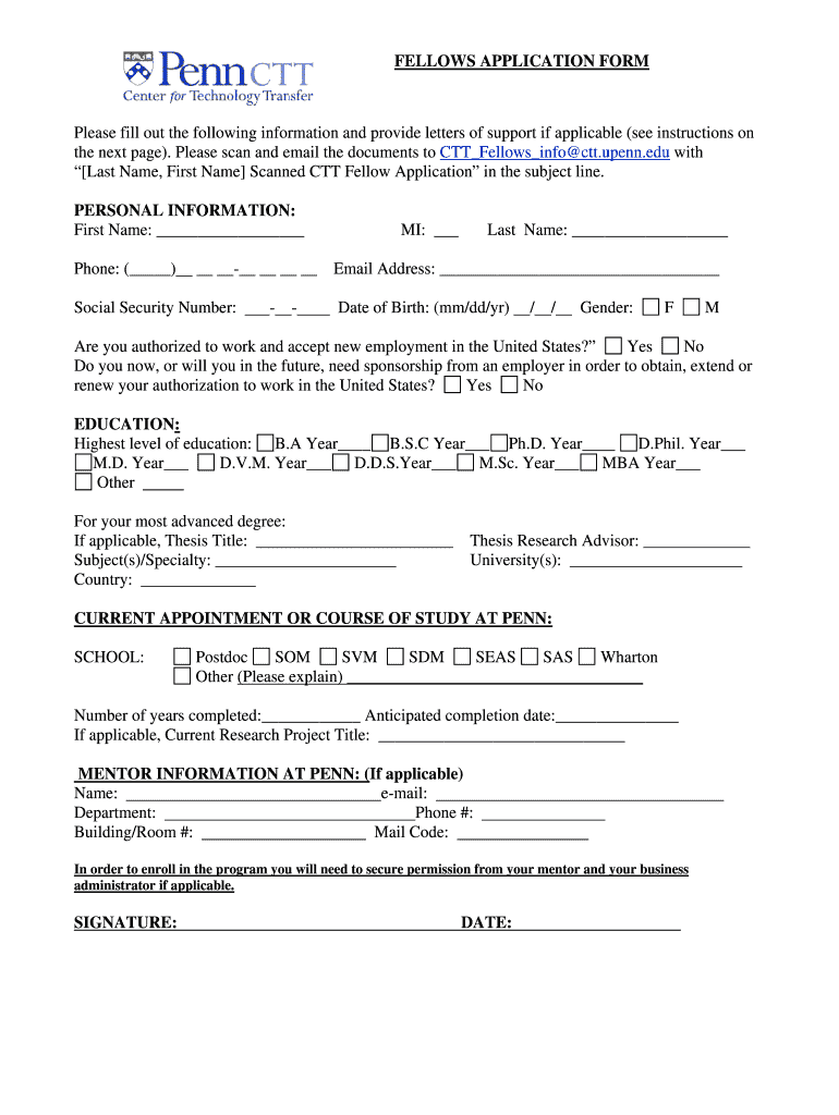Fillable Online ctt upenn FELLOWS APPLICATION FORM PERSONAL INFORMATION ...