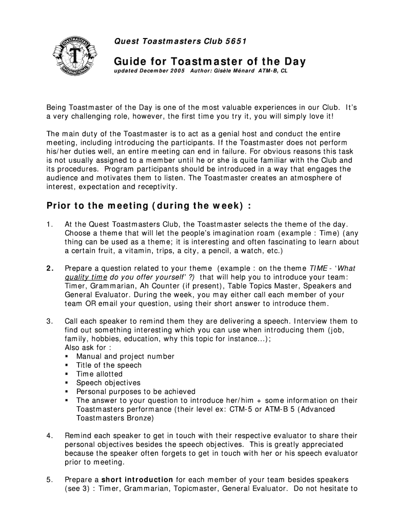 Fillable Online Quest Toastmasters Club 5651 Fax Email Print - pdfFiller