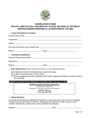 Fillable Online swana SWANA s LANDFILL GAS CONTROL TECHNICAL DIVISION AWARDS NOMINATION FORM Fax ...