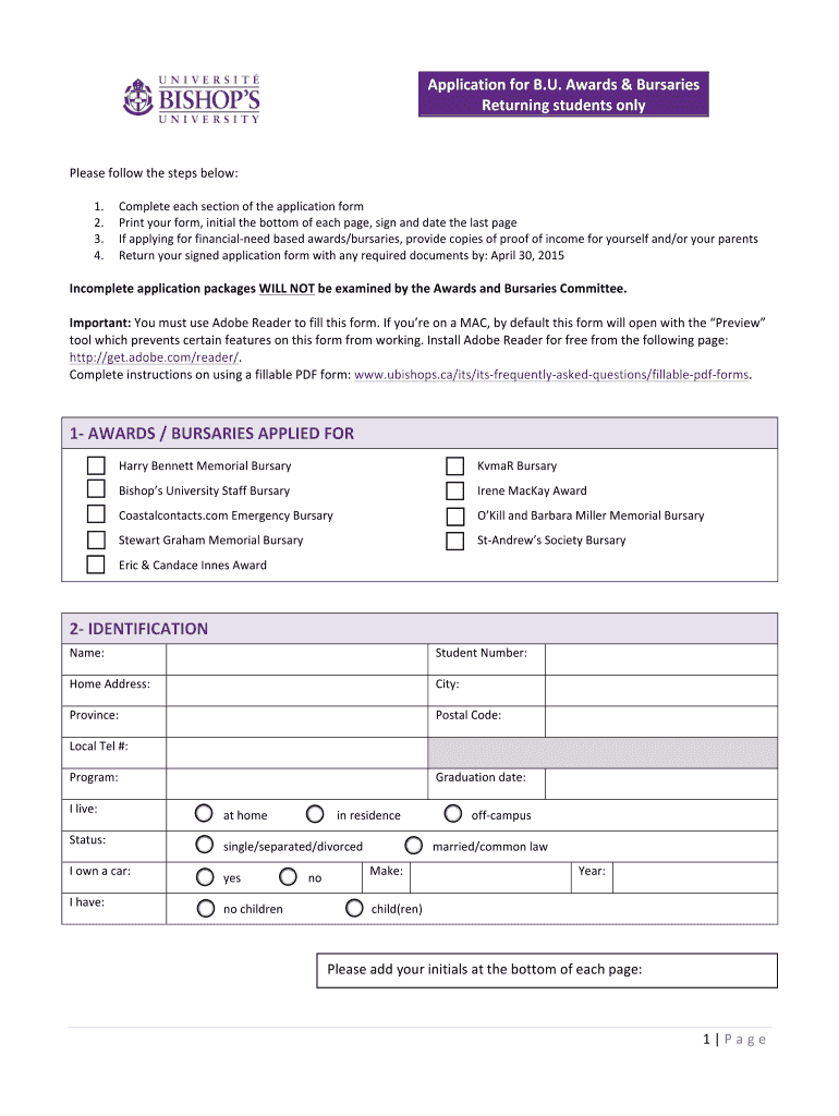 Fillable Online ubishops BU Awards & Bursaries FORM Fax Email Print - pdfFiller