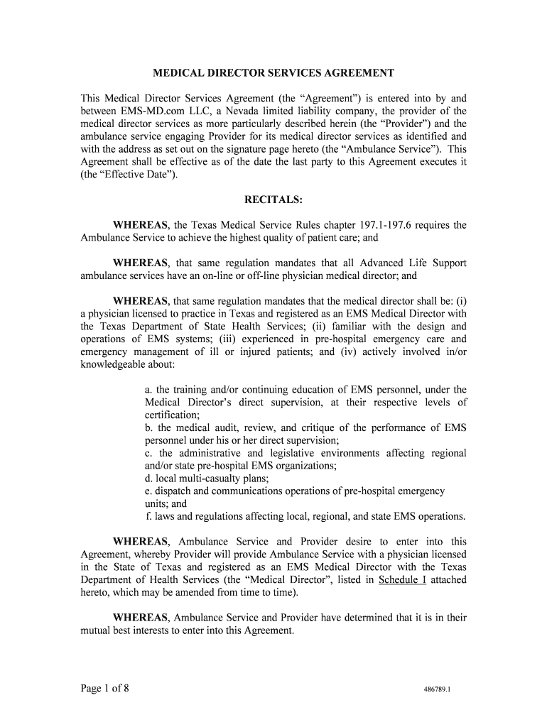 Fillable Online MEDICAL DIRECTOR SERVICES AGREEMENT RECITALS Fax Email ...