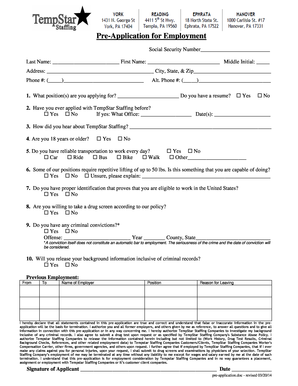 Fillable Online Pre-Application for Employment - Tempstar Staffing Fax ...
