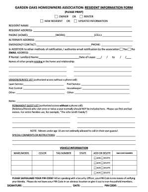 Fillable Online GARDEN OAKS HOMEOWNERS ASSOCIATION: RESIDENT ...