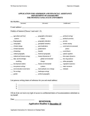 Fillable Online geog psu APPLICATION FOR ADMISSION AND FINANCIAL ASSISTANCE Fax Email Print ...