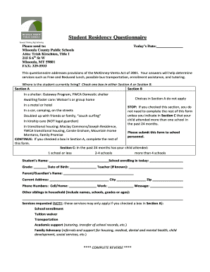 Fillable Online Student Residency Questionnaire-2012 - Missoula County ...