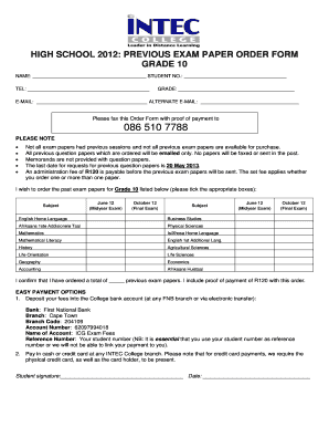 Fillable Online HIGH SCHOOL 2012: PREVIOUS EXAM PAPER ORDER FORM GRADE ...