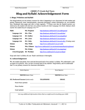 Fillable Online 2014-2015 Syllabi-Blog Acknowledgement 7th Grade Red ...
