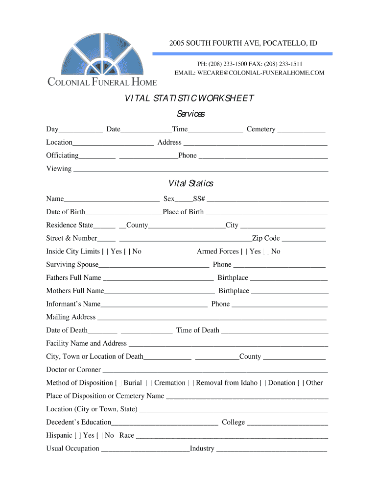 Fillable Online VITAL STATISTIC WORKSHEET Services Vital Statics Fax ...