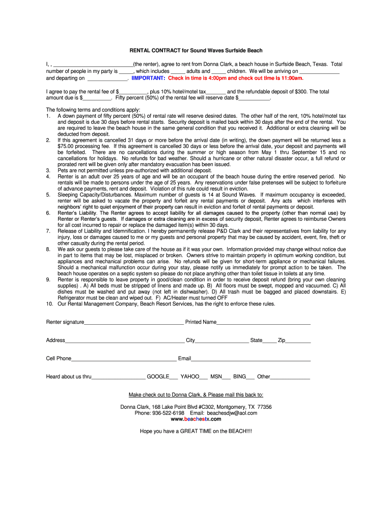Fillable Online SW Rental Agreement - Surfside Beach House Rentals ...