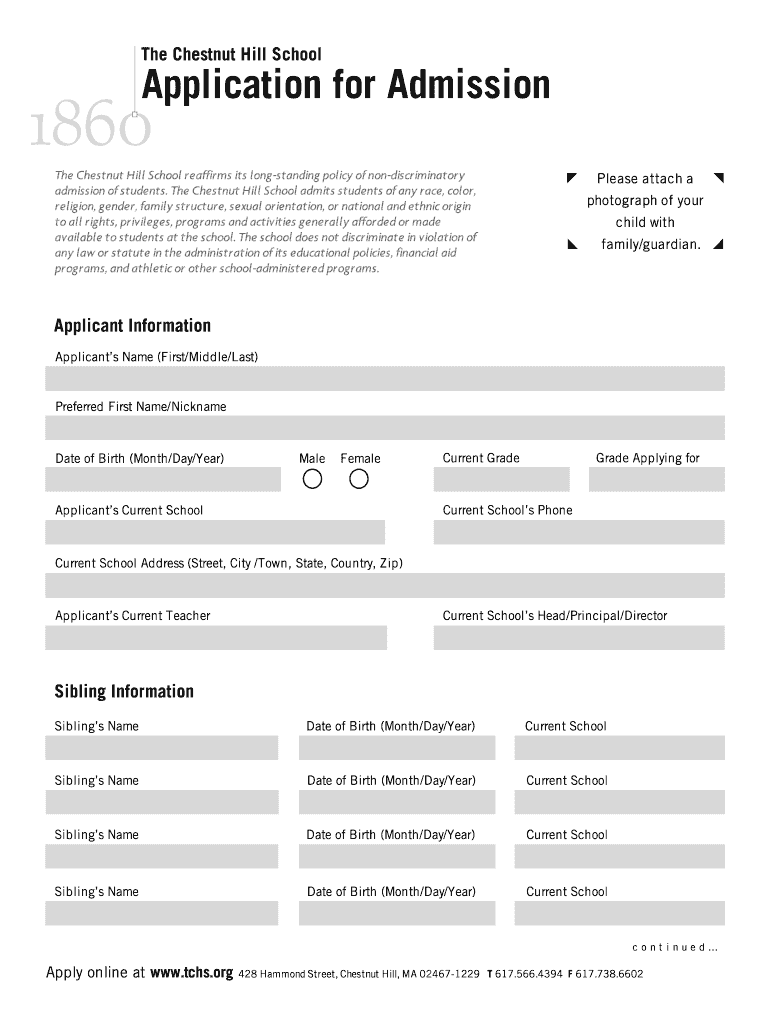 Fillable Online tchs The Chestnut Hill School Application for Admission ...