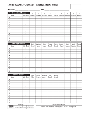 FAMILY RESEARCH CHECKLIST AMERICA (1600s1700s) - Fill and Sign ...