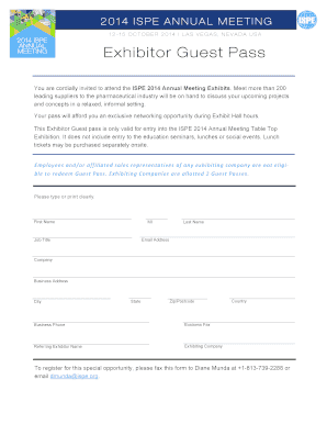 Fillable Online ispe Exhibitor Guest Pass - ISPE Fax Email Print ...