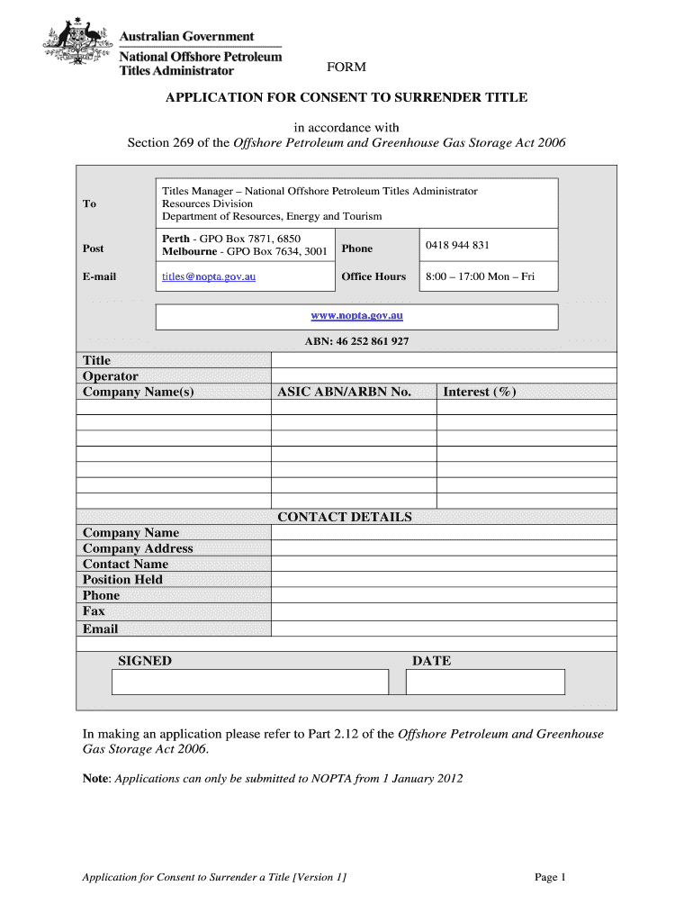 Fillable Online FORM APPLICATION FOR CONSENT TO SURRENDER TITLE in ...