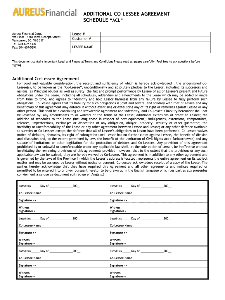 Fillable Online Additional Co Lessee Schedule1- Sample - Aureus Financial Fax Email Print ...