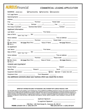 Fillable Online COMMERCIAL LEASING APPLICATION - Aureus Financial Fax Email Print - pdfFiller