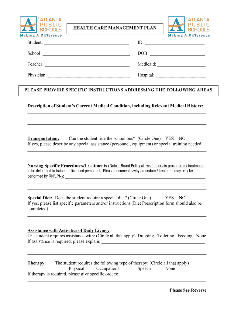 Fillable Online Health Care Management Plan - Morris Brandon Fax Email ...