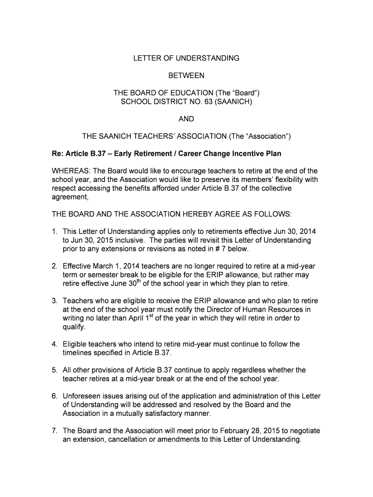 Fillable Online LETTER OF UNDERSTANDING BETWEEN AND - Saanich Fax Email ...