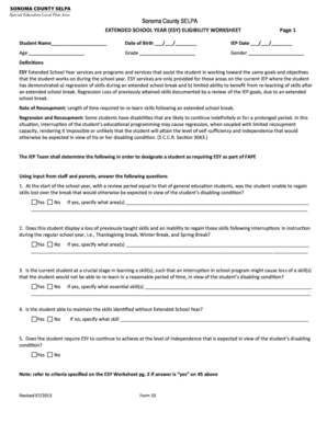 Fillable Online sonomaselpa EXTENDED SCHOOL YEAR (ESY) ELIGIBILITY ...