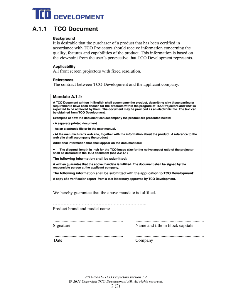 Fillable Online A Criteria A.1 General information - TCO Development ...