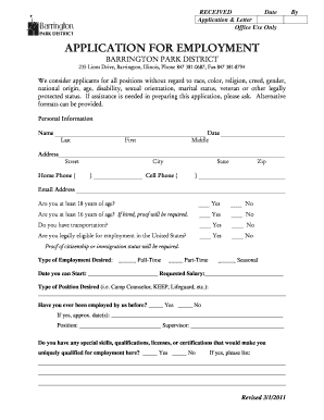 Fillable Online barringtonparkdistrict Job Application - Barrington ...