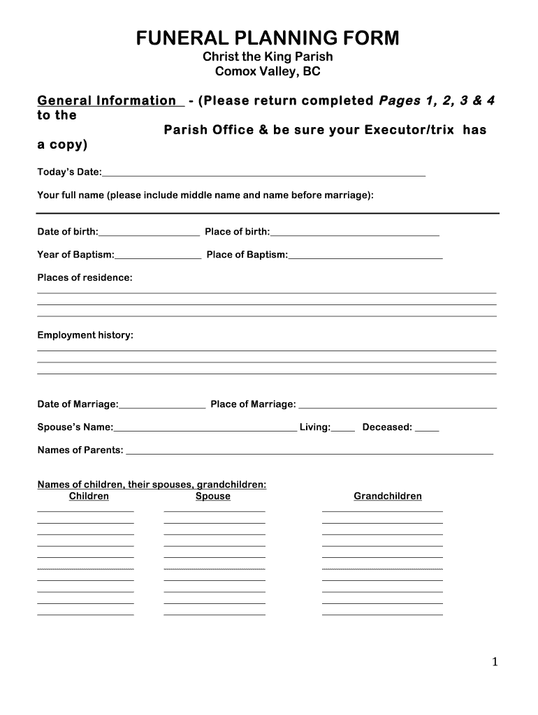 Fillable Online ctkparish FUNERAL PLANNING FORM - Christ the King bParishb Fax Email Print ...