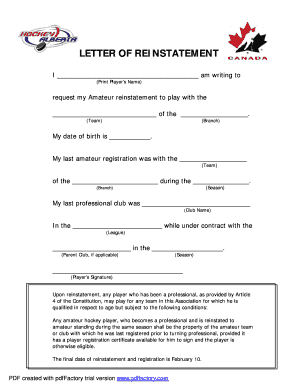 Fillable Online LETTER OF REINSTATEMENT - RHL Fax Email Print - pdfFiller