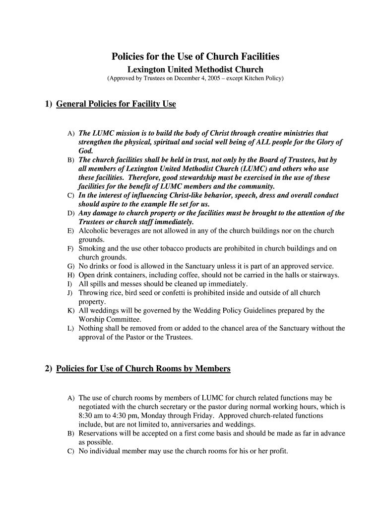 Fillable Online Policies for the Use of Church Facilities Fax Email ...