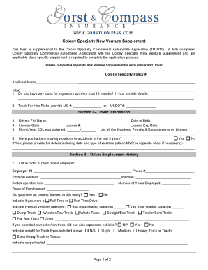 Fillable Online Colony Specialty New Venture Supplement Fax Email Print ...