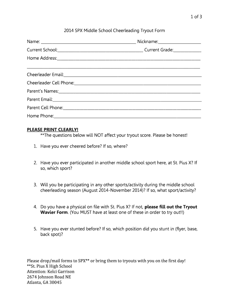 Fillable Online spx 1 of 3 2014 SPX Middle School Cheerleading Tryout ...
