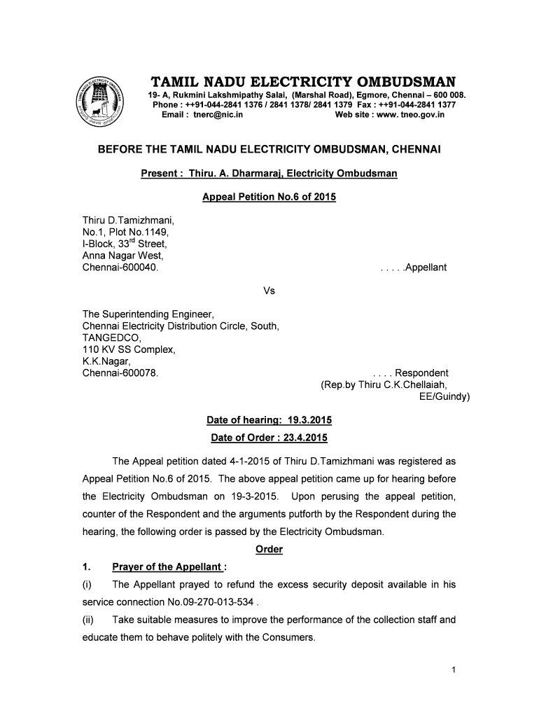 Fillable Online tamil nadu elect tamil nadu electricity ombudsman y ...