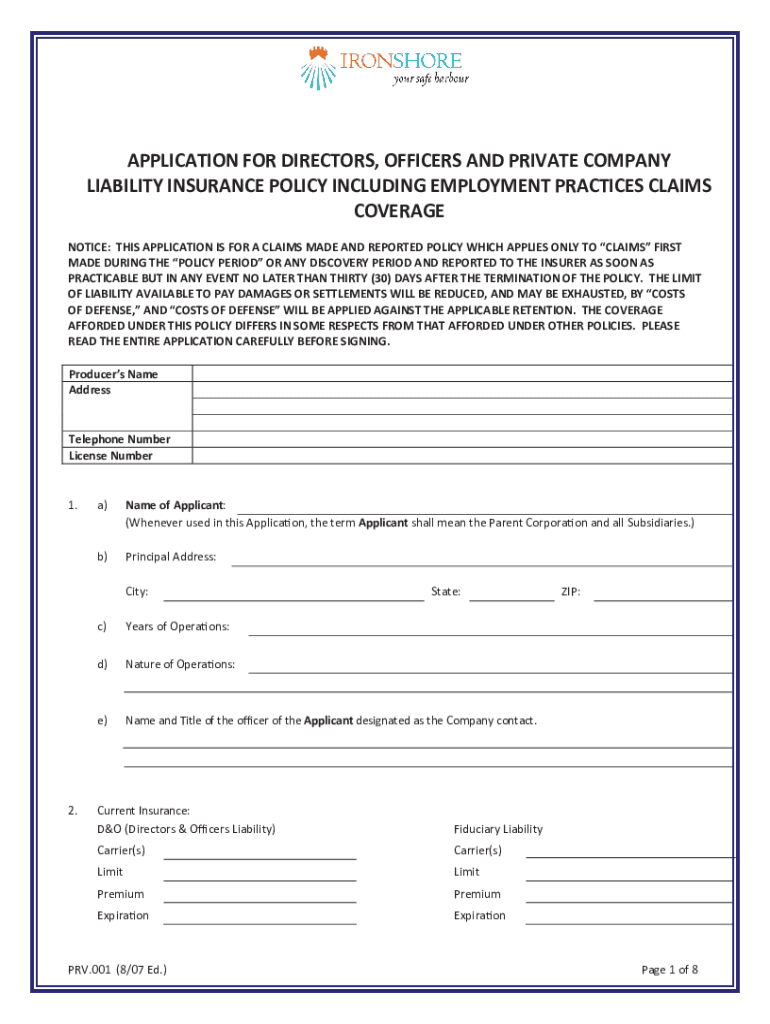 Fillable Online D&O and EPLI APPLICATION - Maritime Program Group Fax ...