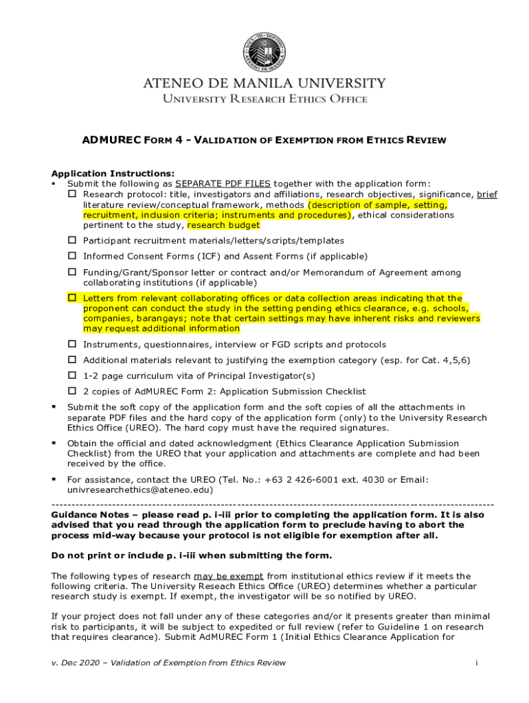 Fillable Online admurec form 4 - validation of exemption from ethics review Fax Email Print ...