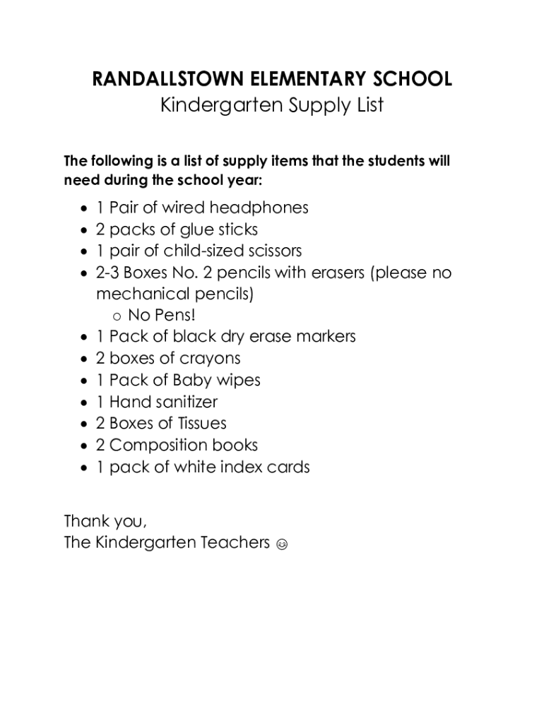 Fillable Online RANDALLSTOWN ELEMENTARY SCHOOL Kindergarten ... Fax Email Print - pdfFiller