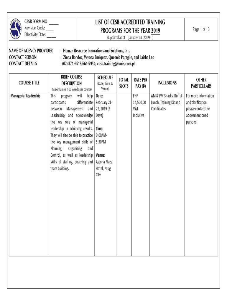 Fillable Online 2019 List of CESB Accredited Training Programs - 1st and 2nd quartercopy.doc Fax ...