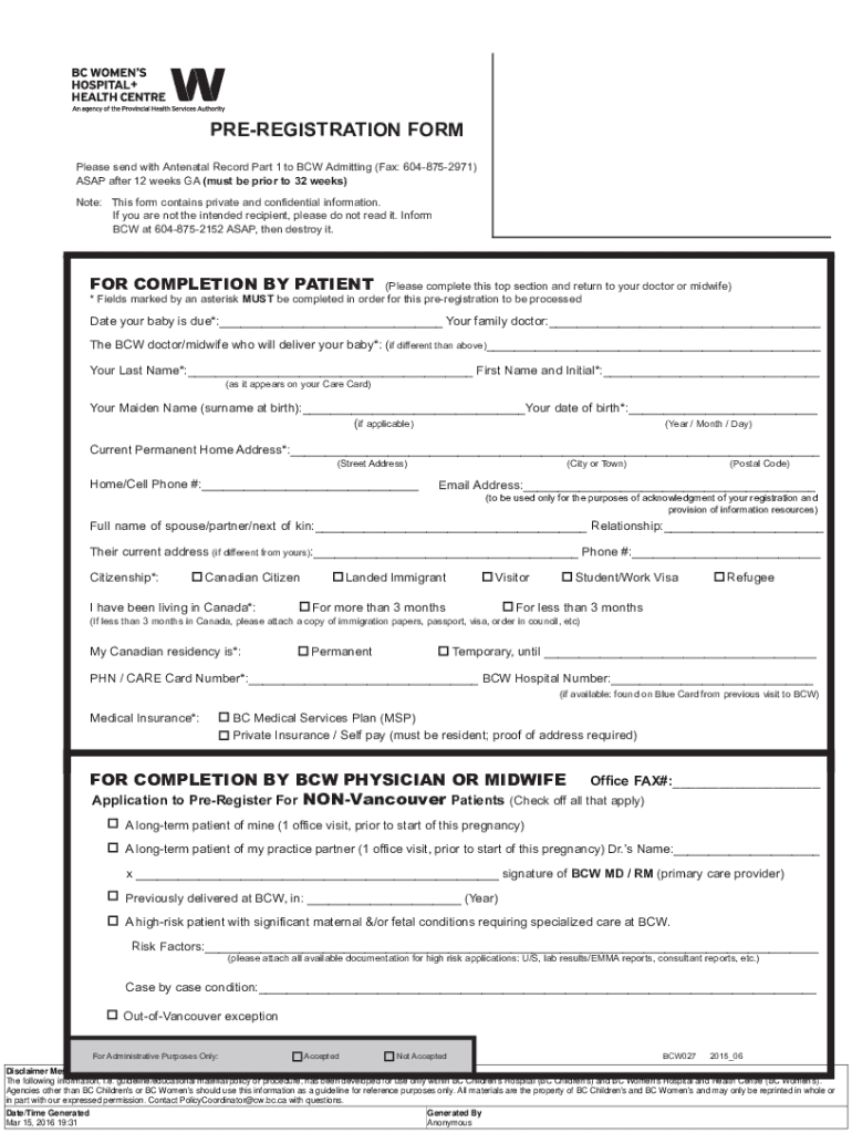 Fillable Online PRE-REGISTRATION FORM Fax Email Print - pdfFiller