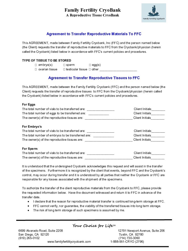 Fillable Online Family Fertility Cryobank - Fertility Center of California Fax Email Print ...